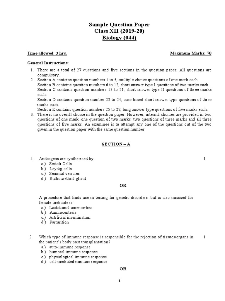 Sample Question Paper Class XII (2019-20) Biology | PDF | Gene | Genetics
