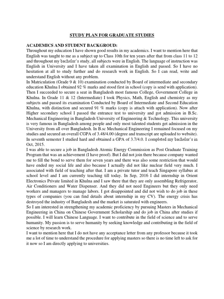 Sample of Study Plan For Graduate Students PDF | PDF | University And ...