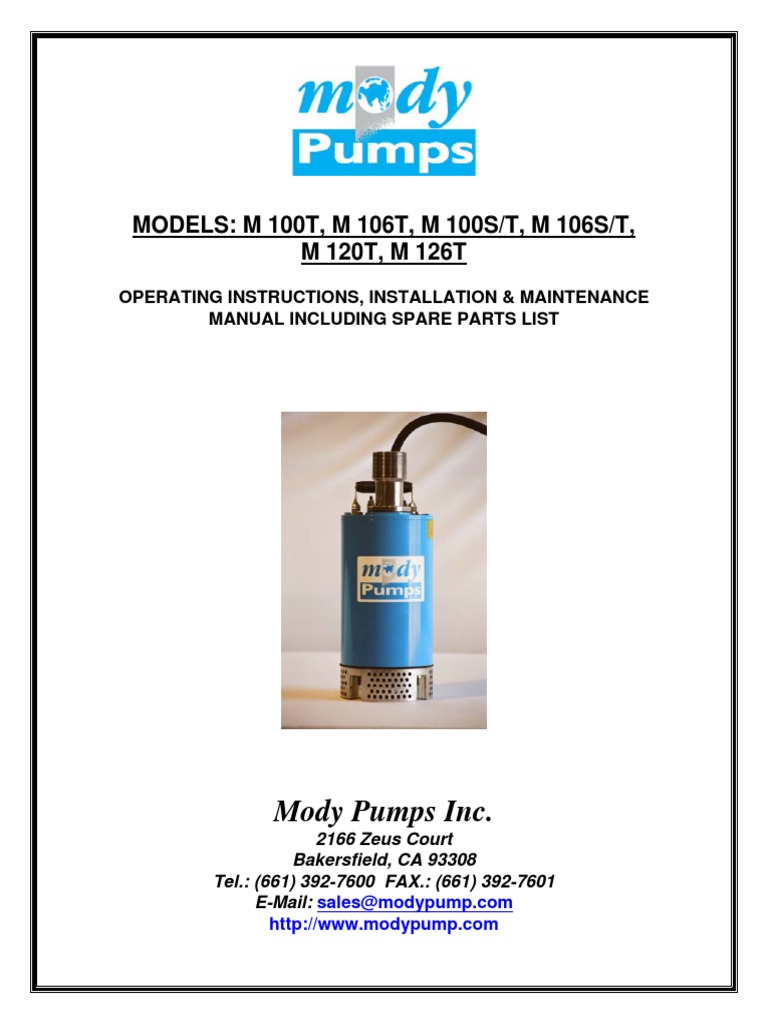 Mody Pumps Manual: Models M100T-M126T | PDF | Pump | Screw