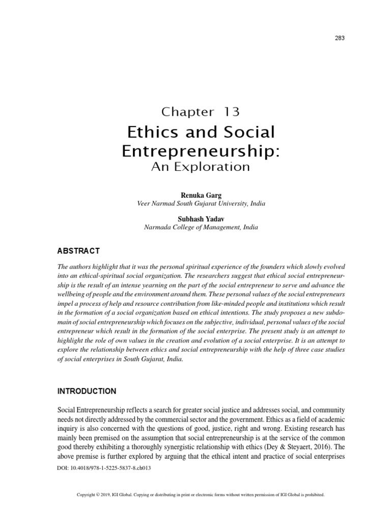 Ethics and Social Entrepreneurship An Exploration | PDF | Social ...