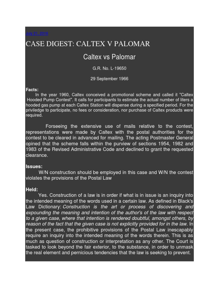 Case Digest: Caltex V Palomar | PDF | Lottery | Public Law