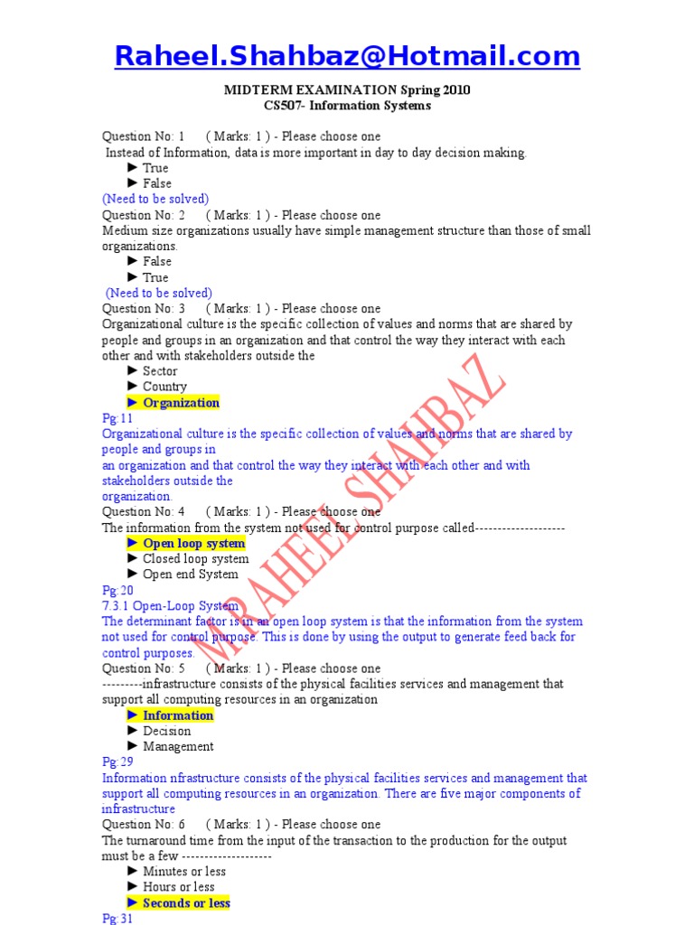 Midterm Examination Spring 2010 CS507-Information Systems: Organization | PDF | System ...