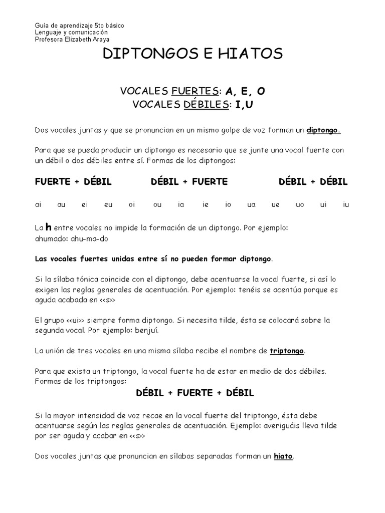 Guía de Diptongos y Hiatos 5to Básico | PDF | Voz humana | Comunicación ...