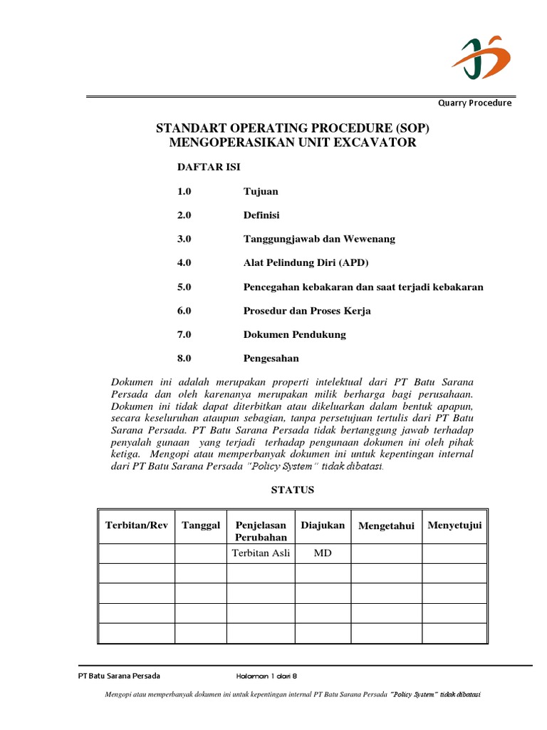 SOP Operasi Unit Excavator | PDF