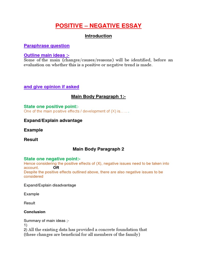 Positive - Negative Essay: Paraphrase Question Outline Main Ideas | PDF