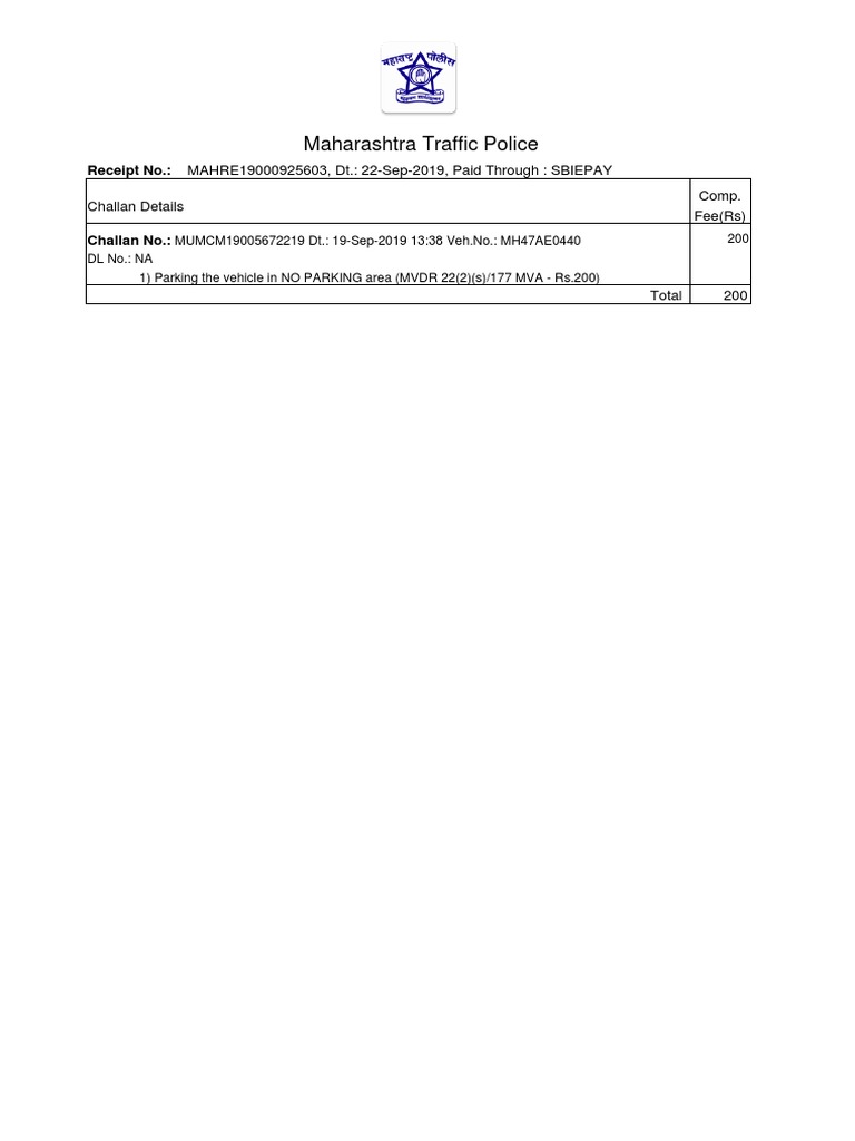 Maharashtra Traffic Violation Receipt | PDF
