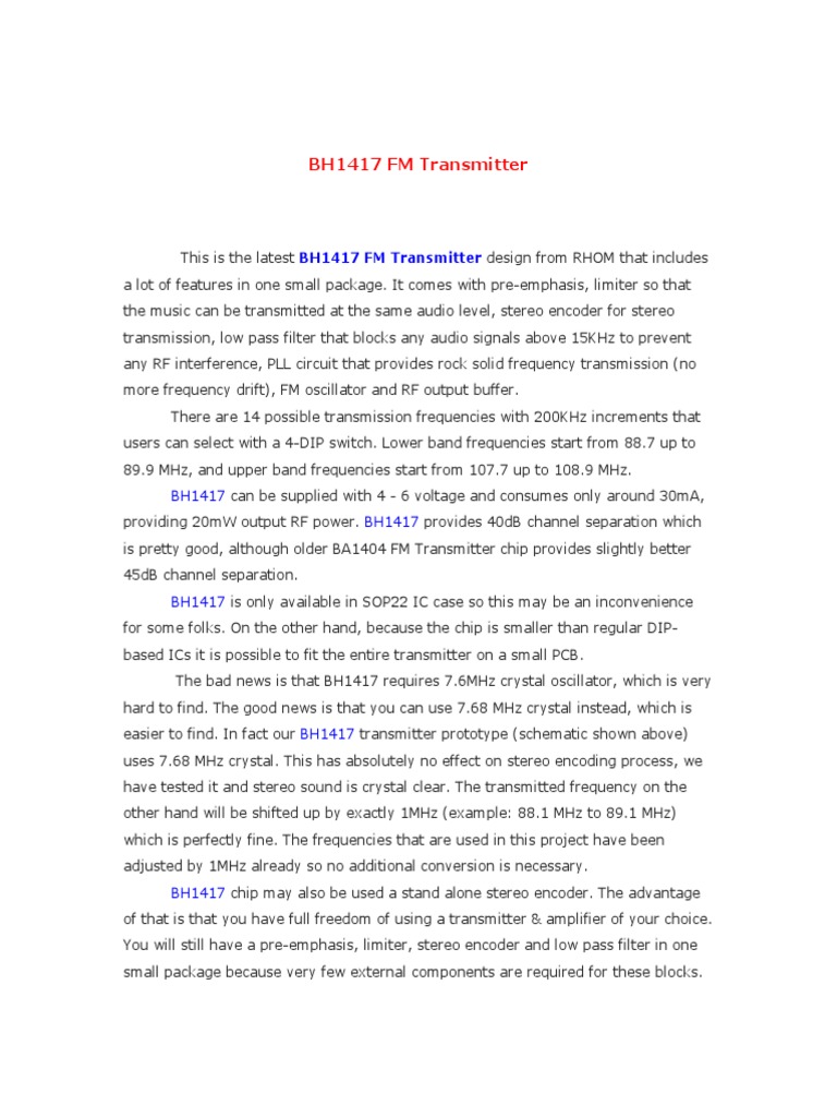 BH1417 FM Transmitter | PDF | Frequency Modulation | Transmitter