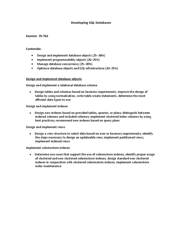Temario - 70-762 Developing SQL Databases | PDF | Database Index | Relational Database