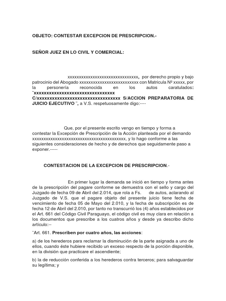 Contestar Excepcion | PDF | Estatuto de limitaciones | Demanda judicial