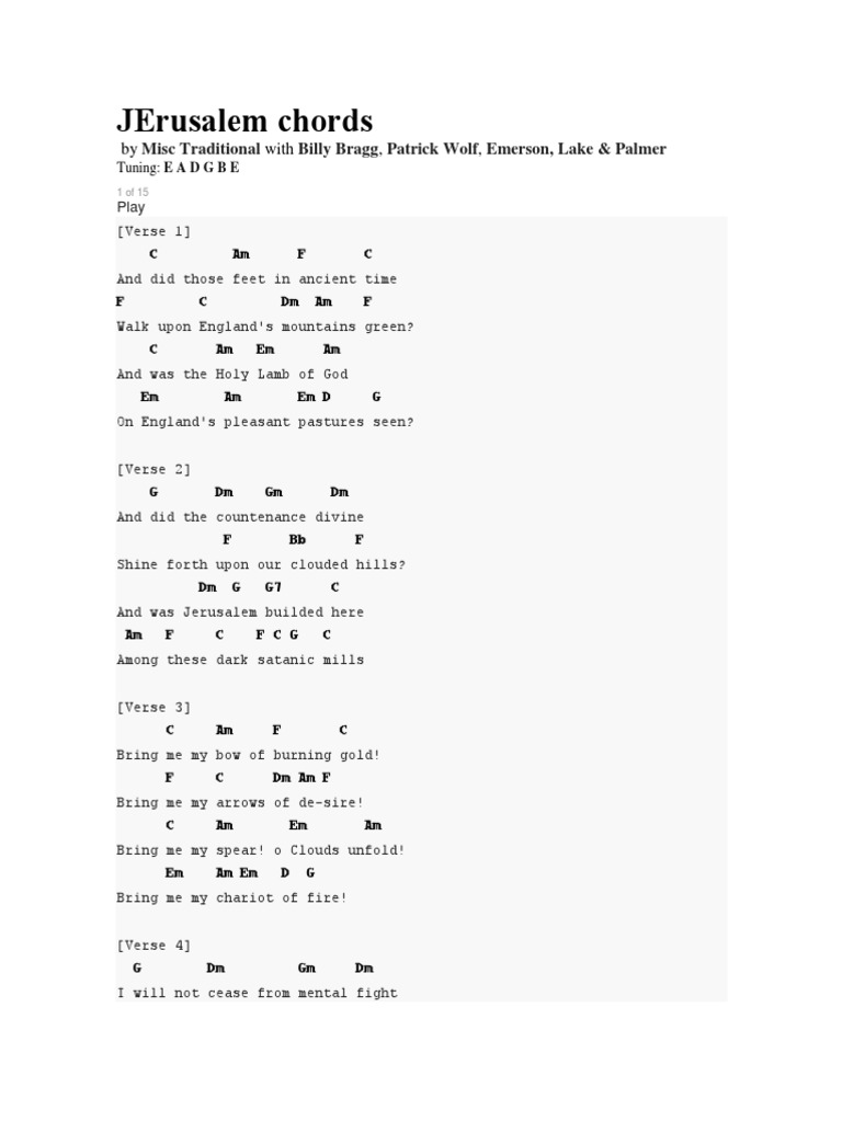 Jerusalem Chords: Misc Traditional Billy Bragg Patrick Wolf Emerson, Lake & Palmer | PDF