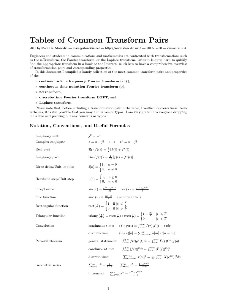 Tables of Common Transform Pairs: Notation, Conventions, and Useful ...