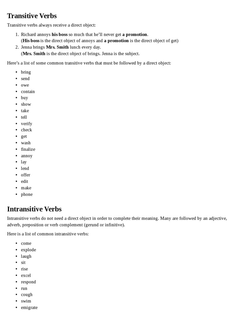 Transitive and Intransitive Verbs | PDF | Verb | Object (Grammar)