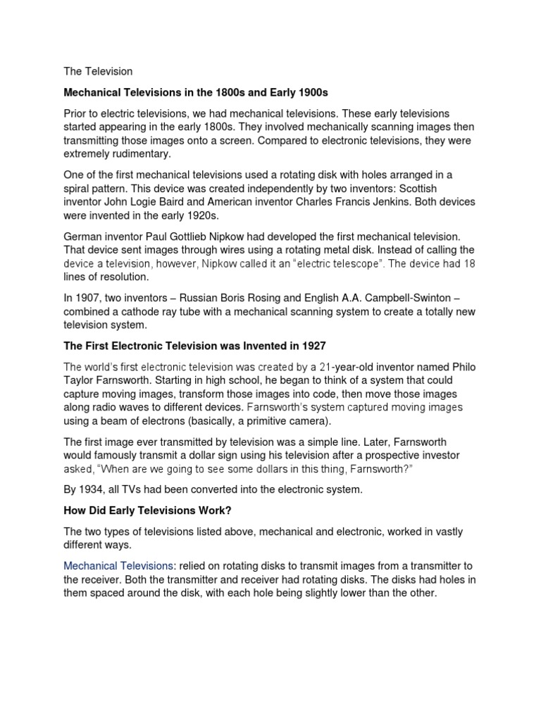 Mechanical Televisions in The 1800s and Early 1900s | PDF | Television ...