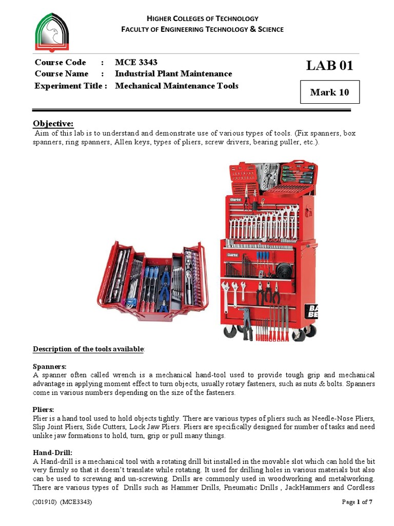 Industrial Plant Maintenance Tools Lab | PDF | Drill | Hammer