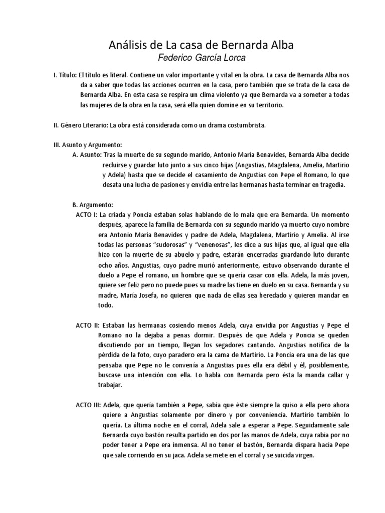 Análisis de La Casa de Bernarda Alba | PDF | Federico García Lorca