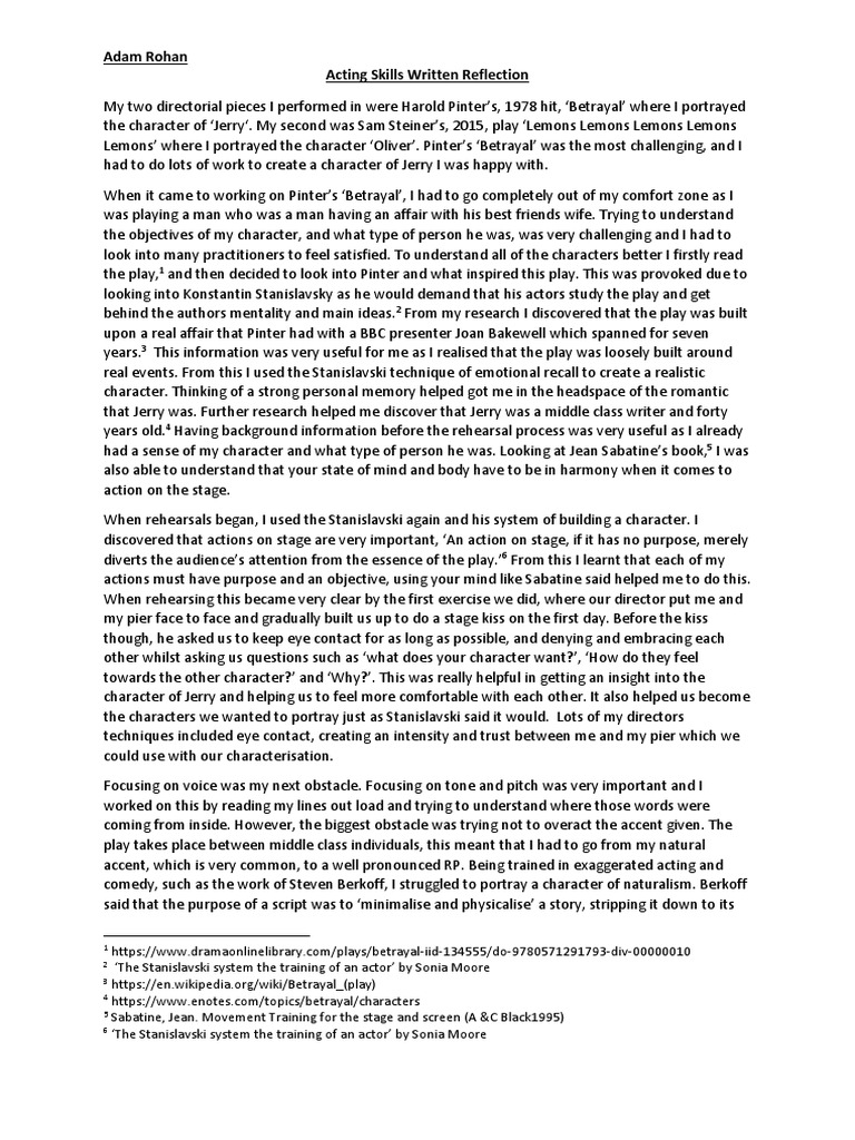 Adam Rohan Acting Skills Written Reflection | PDF | Acting | Theatre