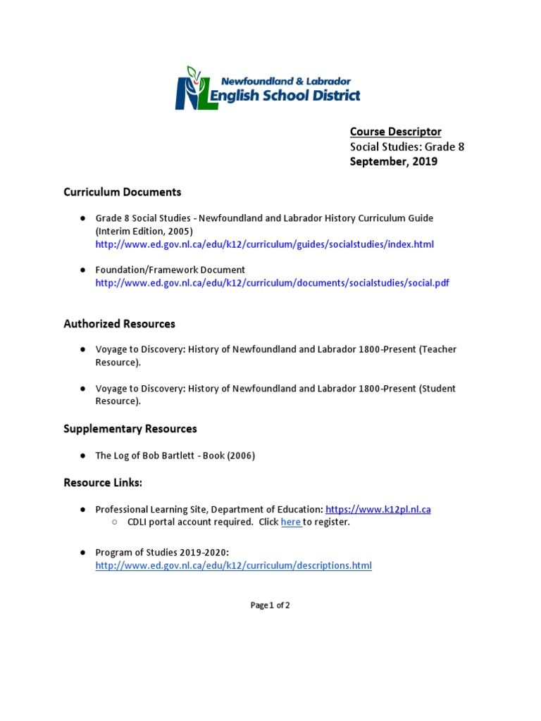 Grade 8 Social Studies Curriculum NL | PDF | Travel