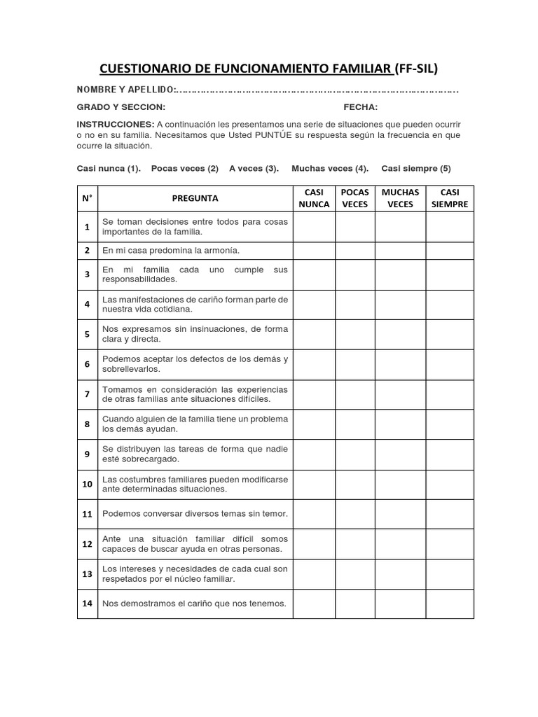 Cuestionario De Funcionamiento Familiar (Ff-Sil): N° Pregunta Casi Nunca Pocas Veces Muchas ...