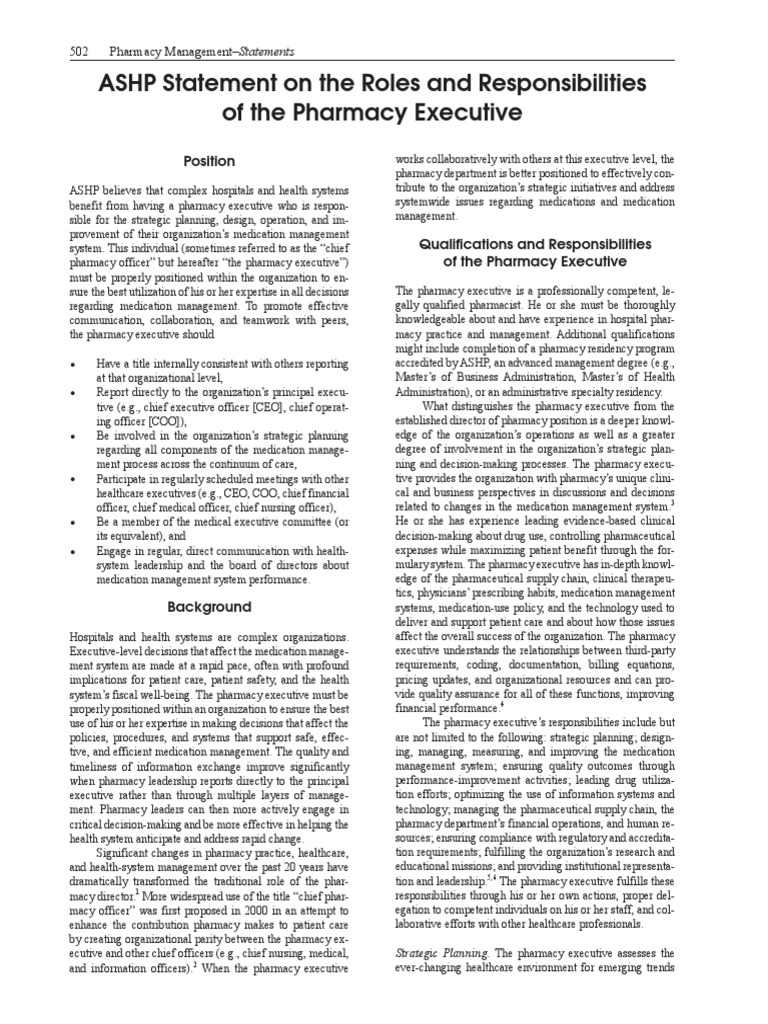 ASHP Statement on the Roles and Responsibilities of the Pharmacy ...