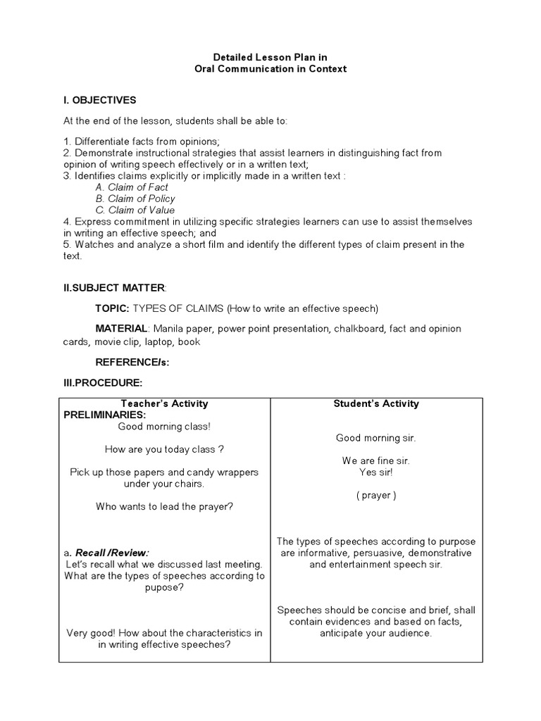 Detailed Lesson Plan in OCC Observation Types of Claims | PDF | Lesson Plan | Communication