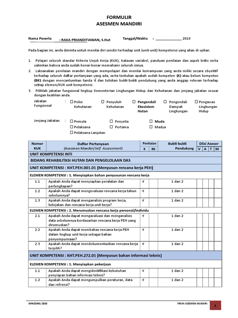 Formulir Asesmen Mandiri Kompetensi | PDF