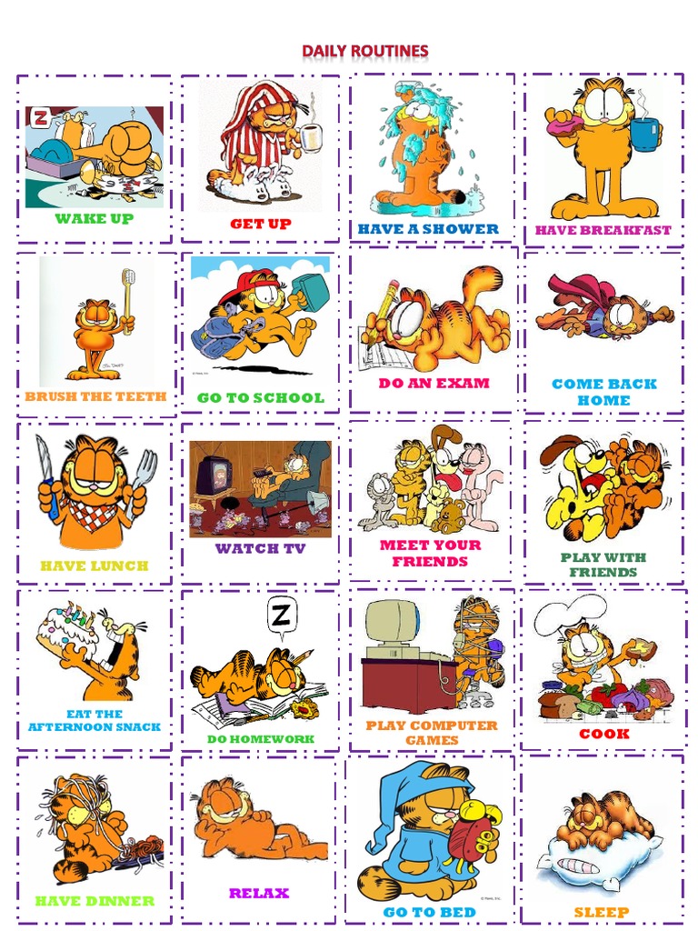 Garfield Daily Routines Posterflash Cards Set Flashcards Fun Activities ...