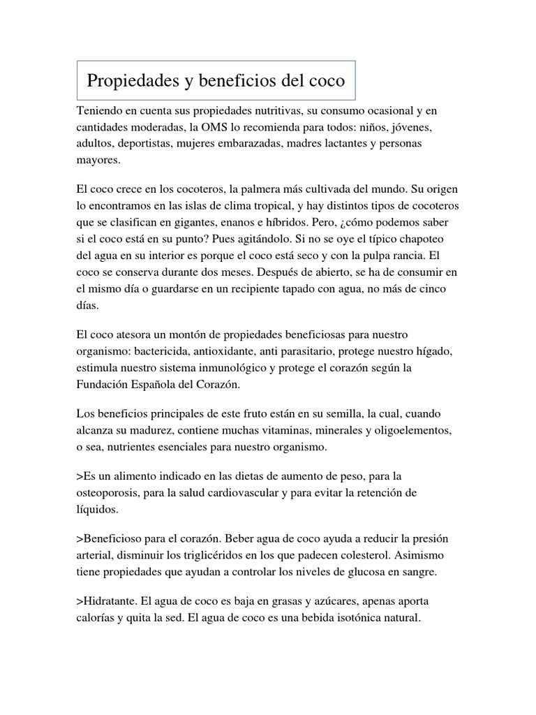 Beneficios del coco para la salud | PDF | Agua | Comida y bebida