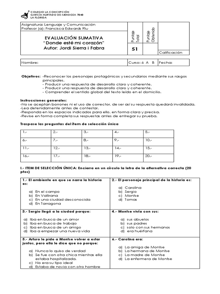Evaluación de "Donde esté mi corazón" | PDF