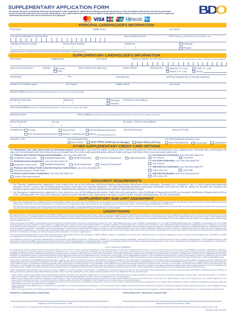 BDO Supplementary Application Form | Visa Inc. | Credit Card | Free 30 ...