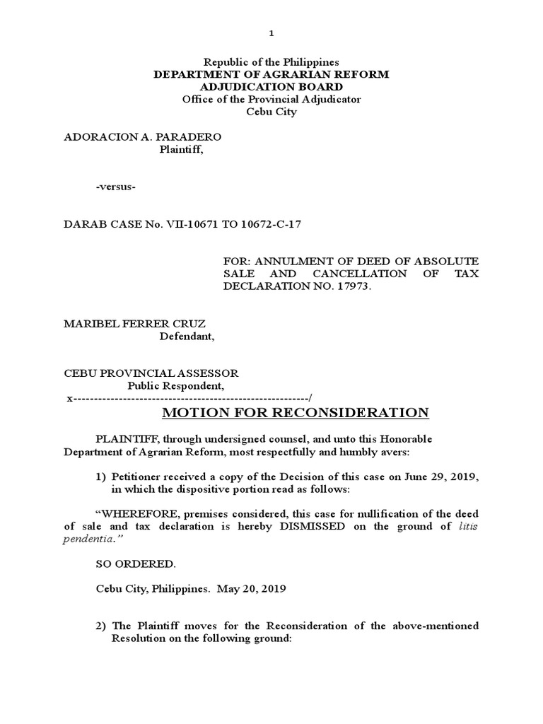 Motion For Reconsideration: Department of Agrarian Reform Adjudication ...
