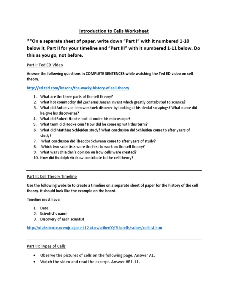 Introduction To Cells Worksheet | PDF | Prokaryote | Cell (Biology)