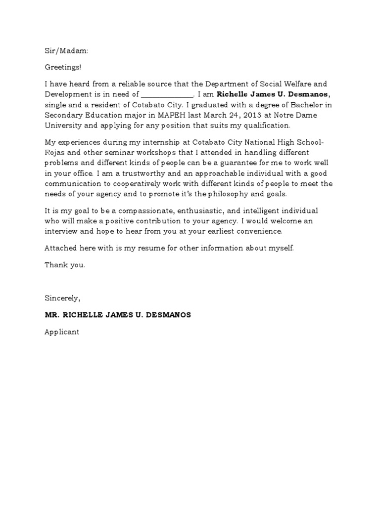 Application Letter NSO DSWD | PDF