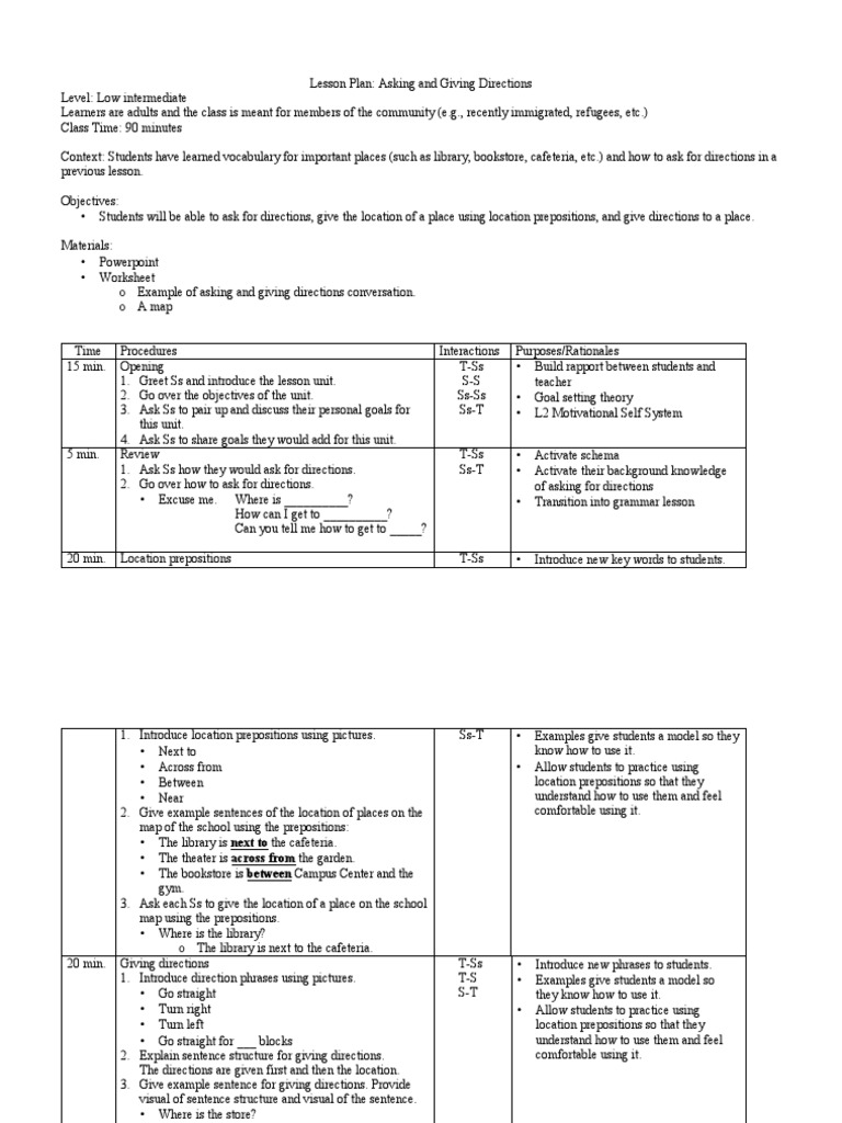 Giving Directions Lesson Plan PDF | PDF | Goal | Lesson Plan