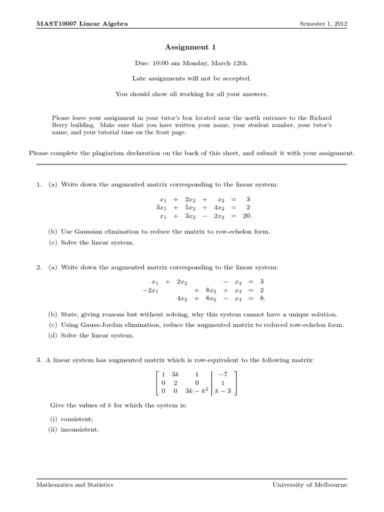 Linear Algebra Assignment 1 Guide | PDF