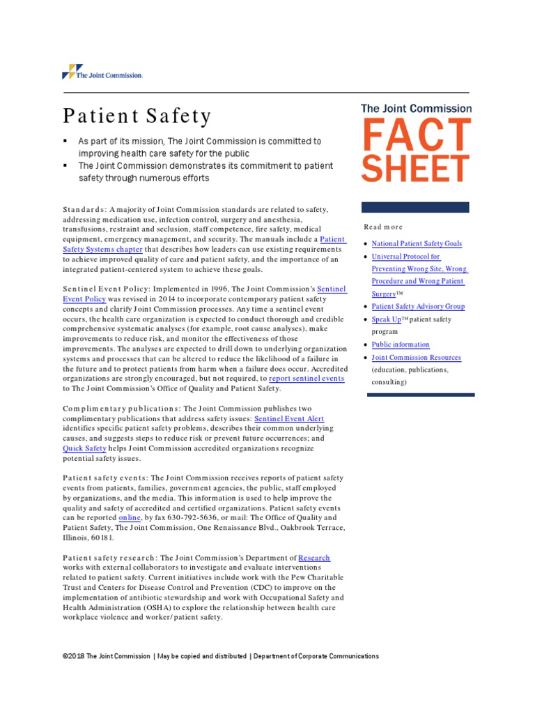 Patient Safety Fact Sheet 3-25-19 | PDF | Patient Safety | Joint Commission
