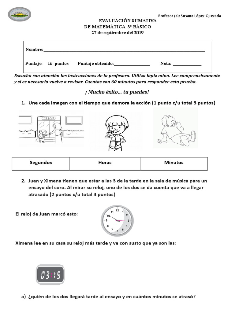Evaluación de Reloj 3° Básico | PDF | Reloj | Prueba / examen