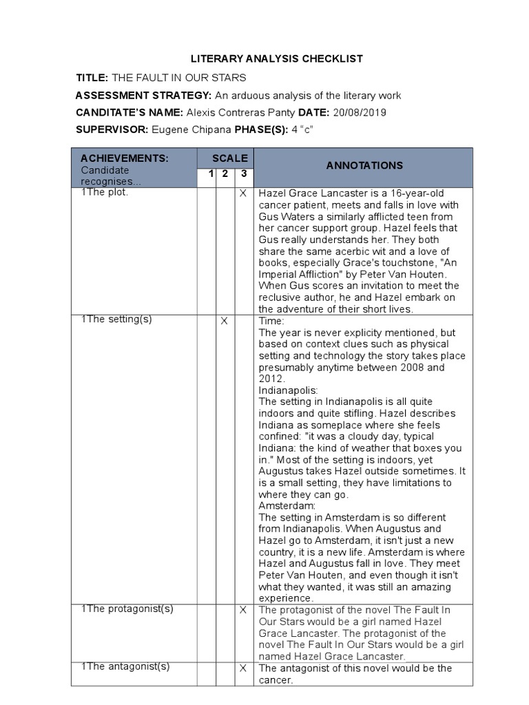 LITERARY ANALYSIS CHECKLIST Alexis | PDF
