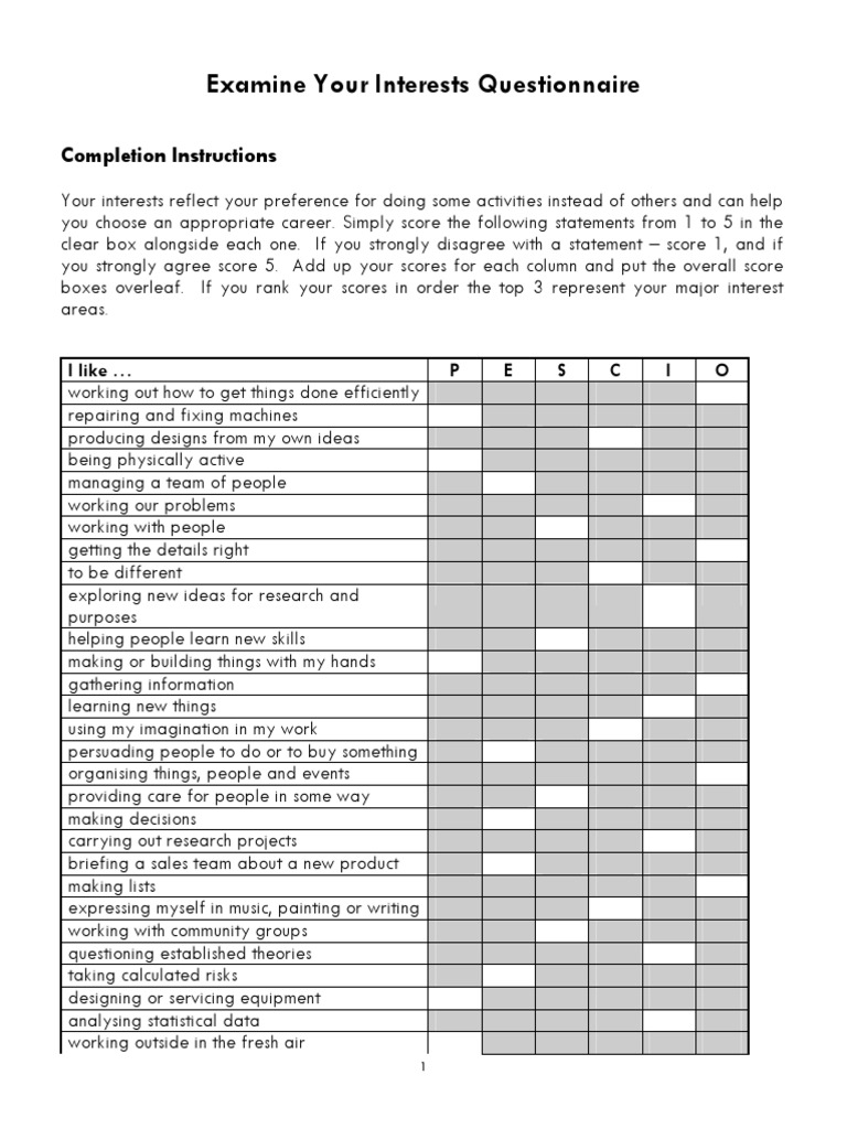 Career Interest Assessment Questionnaire | PDF | Cognition ...