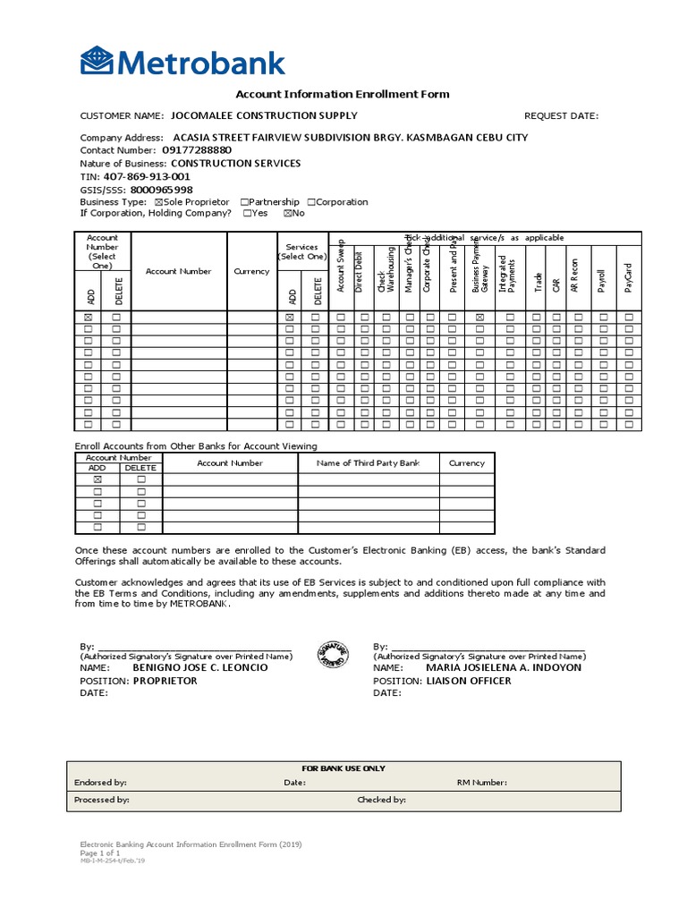 Account Information Enrollment Form (2019) | PDF | Banking | Economies