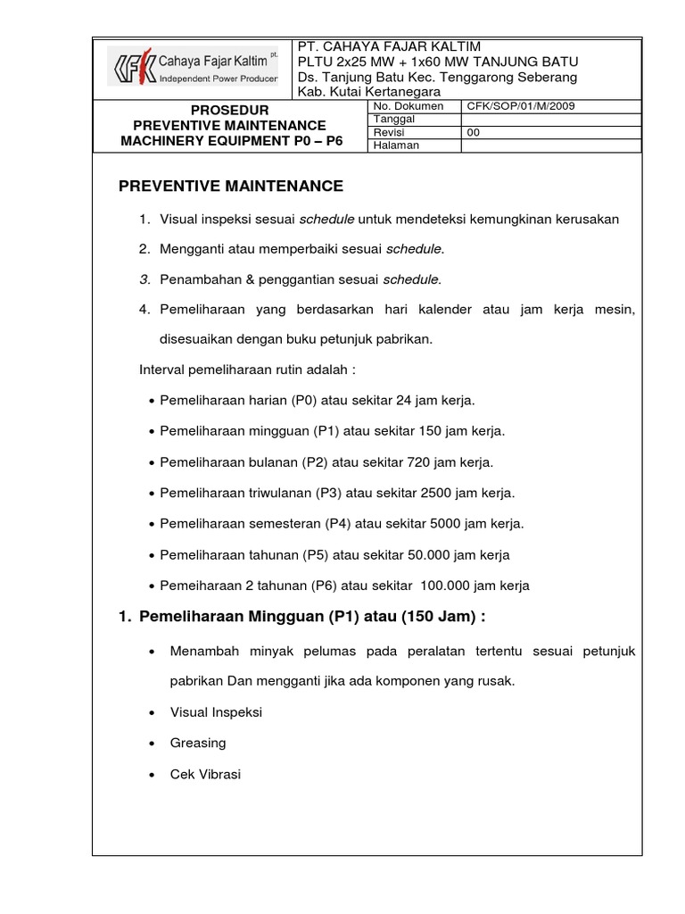 Prosedur Pemeliharaan Preventif Mesin | PDF
