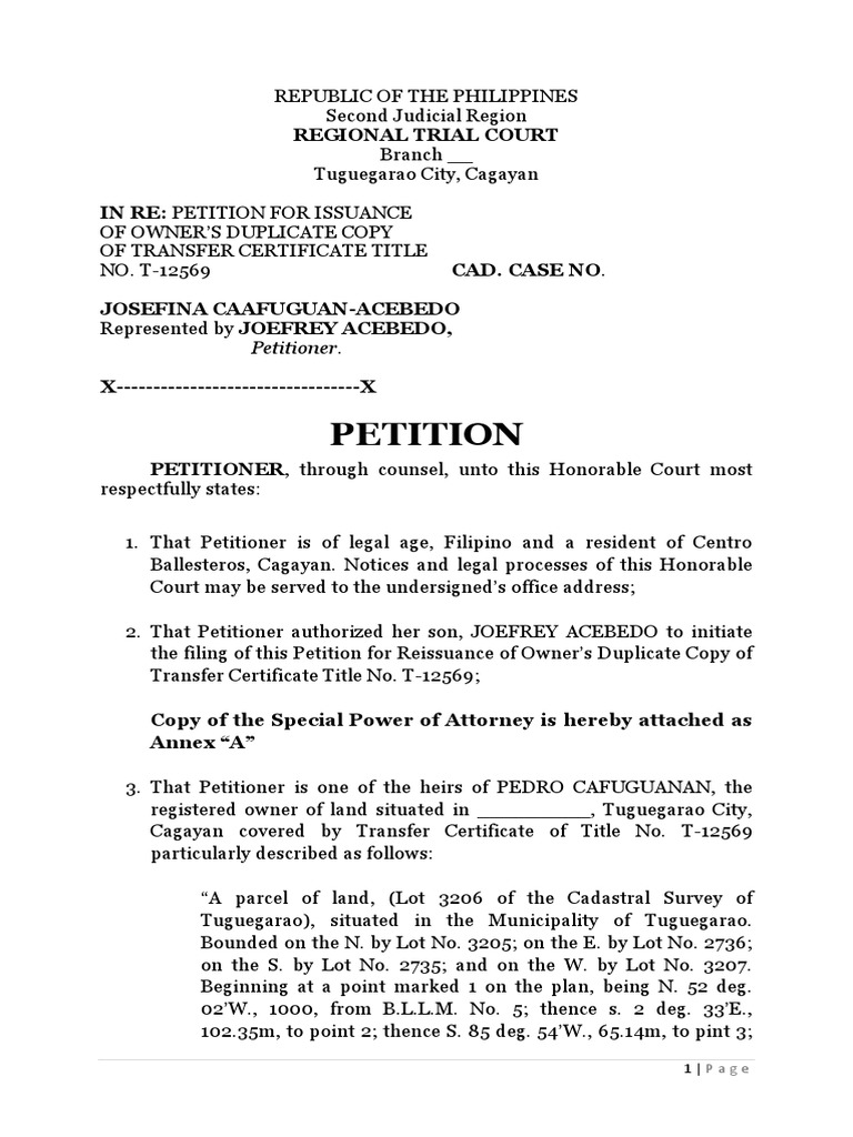 Petition for the Issuance of an Owner's Duplicate Copy of Transfer ...