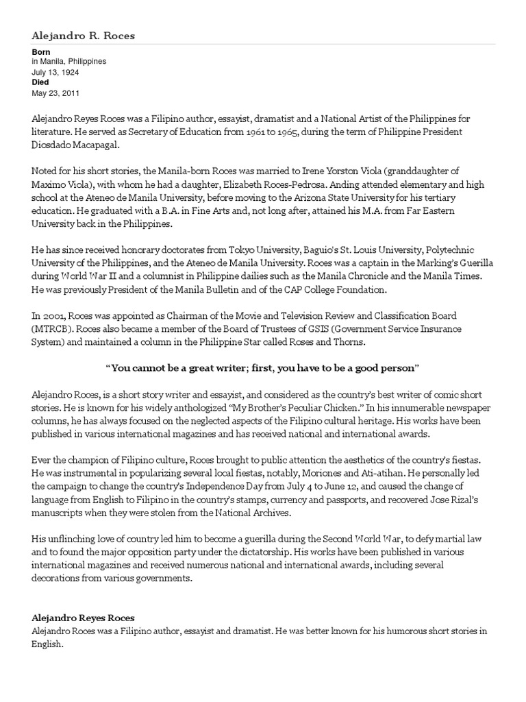 Alejandro R. Roces: in Manila, Philippines July 13, 1924 | PDF ...