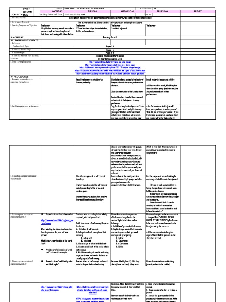 Daily Lesson Log Personal Dev T | PDF | Self Concept | Self