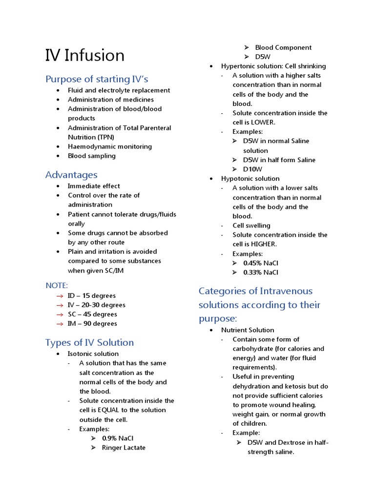 IV Infusion: Purpose of Starting IV's | PDF | Saline (Medicine ...