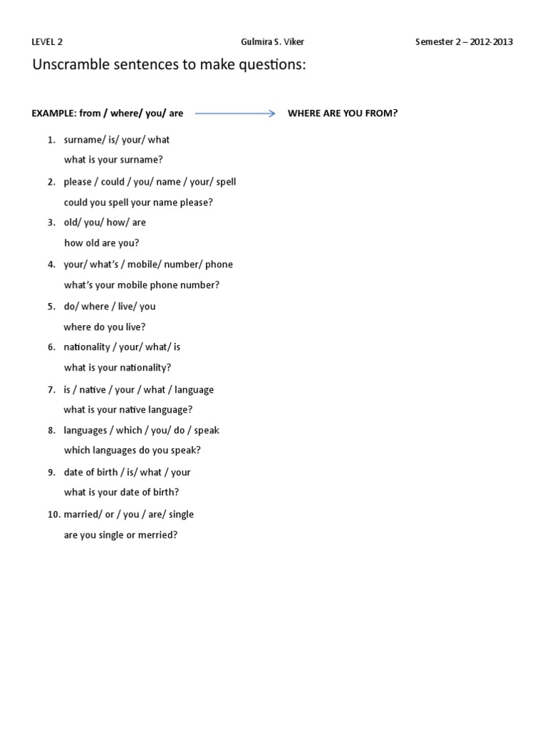 Unscramble Sentences To Make Questions | PDF