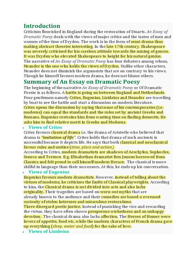 John Dryden-Essay On Dramatic Poesie Summary | PDF | Playwright ...