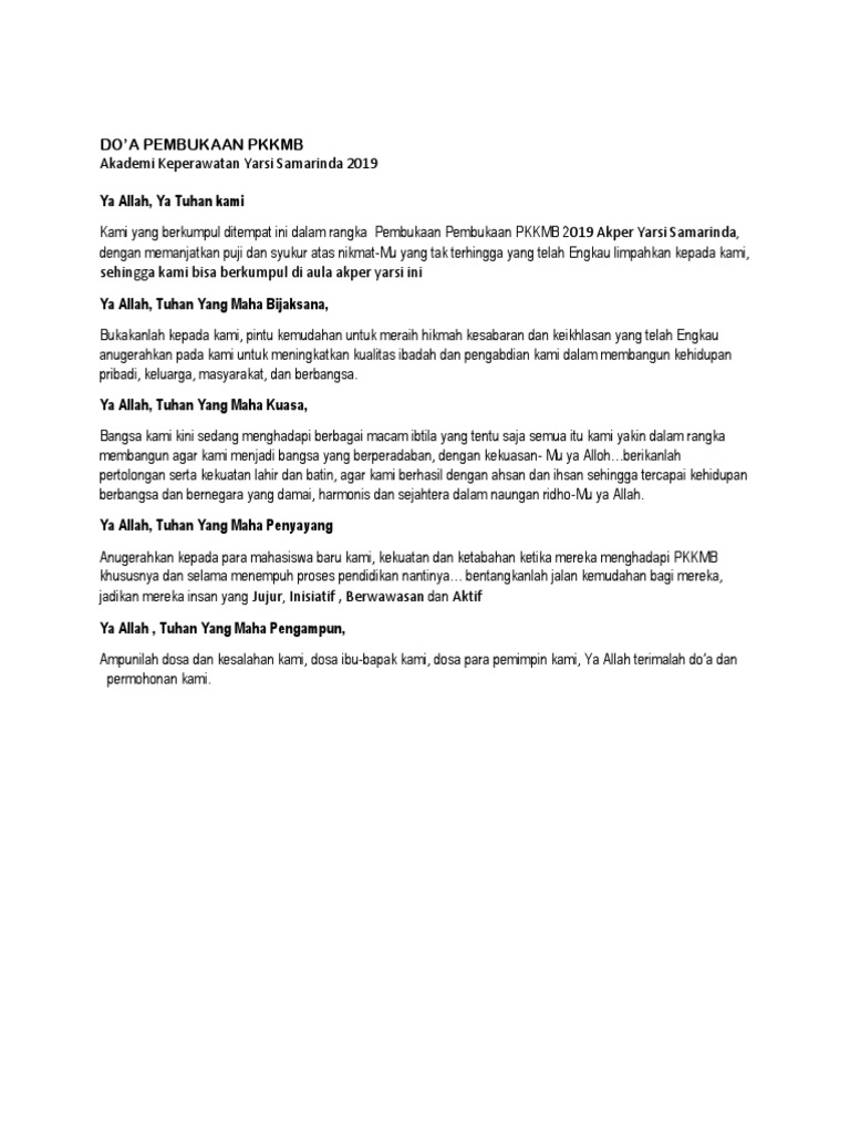Doa Pembukaan PKKMB | PDF
