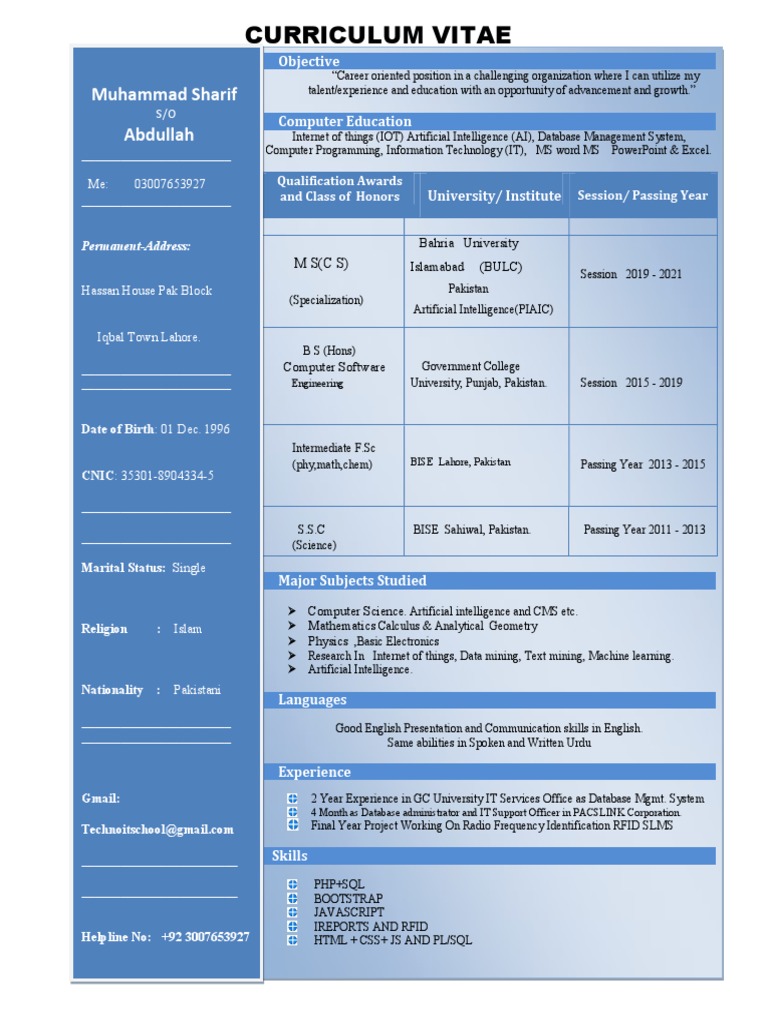 Muhammad Sharif Job CV - TECHNOITSCHOOL | PDF | Artificial Intelligence | Intelligence (AI ...