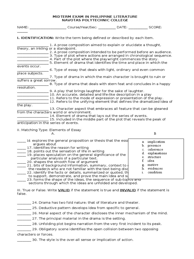 Midterm Exam in Philippine Literature | PDF | Essays | Argument
