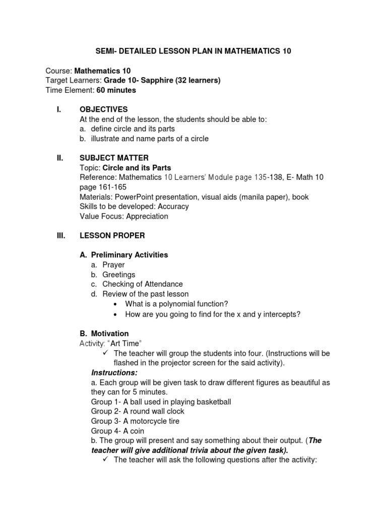Semi-Detailed Lesson Plan in Mathematics 10 Mathematics 10 Grade 10 ...